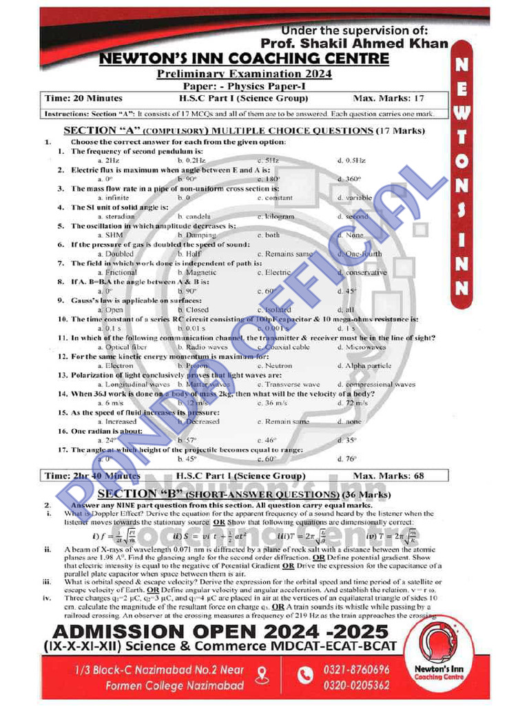Newton Phy-I Preliminary Paper 2024 by Panda Official | PDF