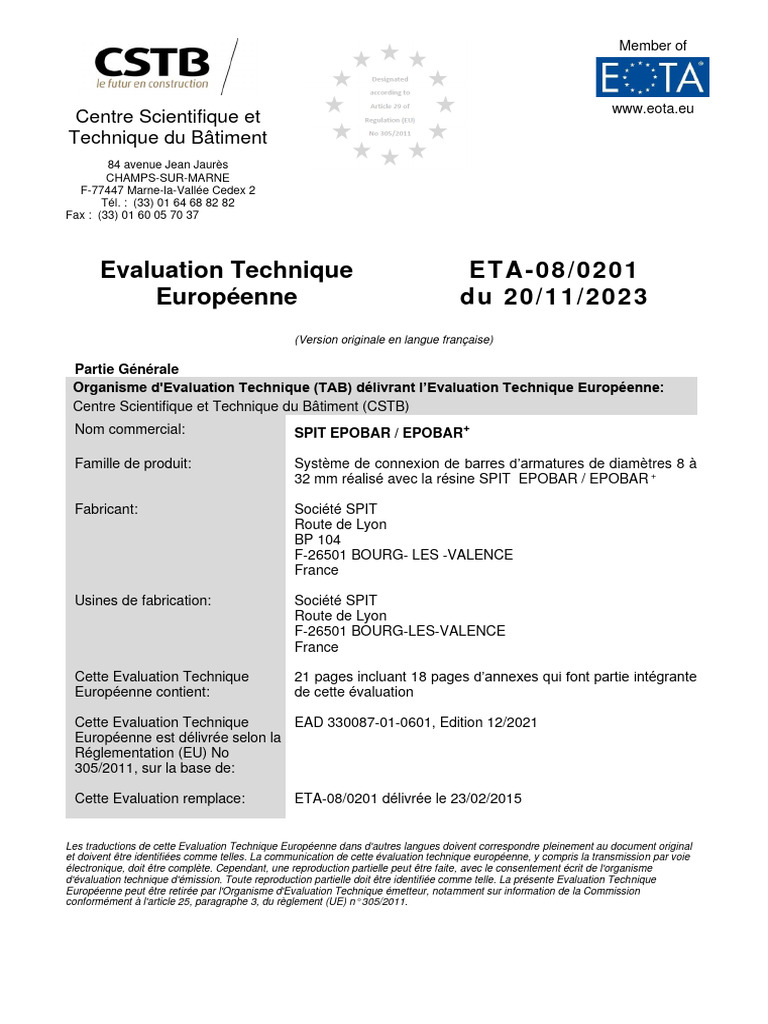 Évaluation Technique SPIT EPOBAR 2023 | PDF | Béton | Perçage
