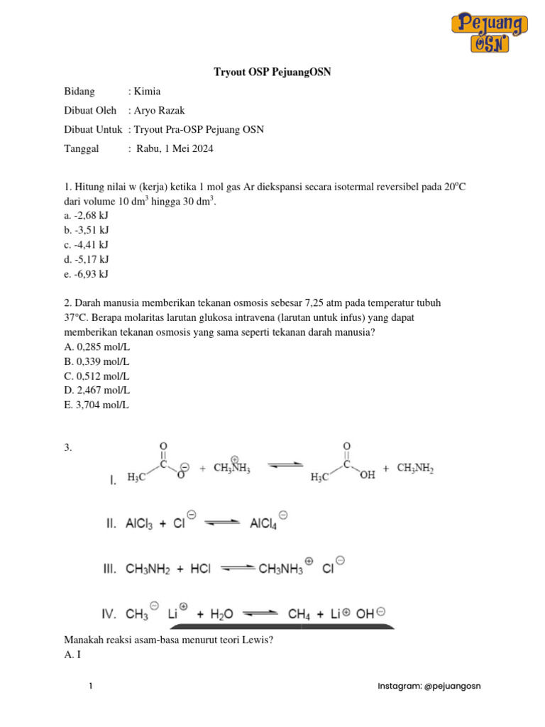 Kimia - Soal Tryout OSP Dadakan PejuangOSN | PDF | Sains & Matematika | Teknologi & Rekayasa