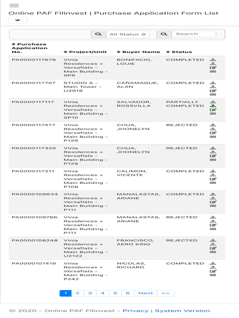 Filinvest Purchase Application Status List | PDF