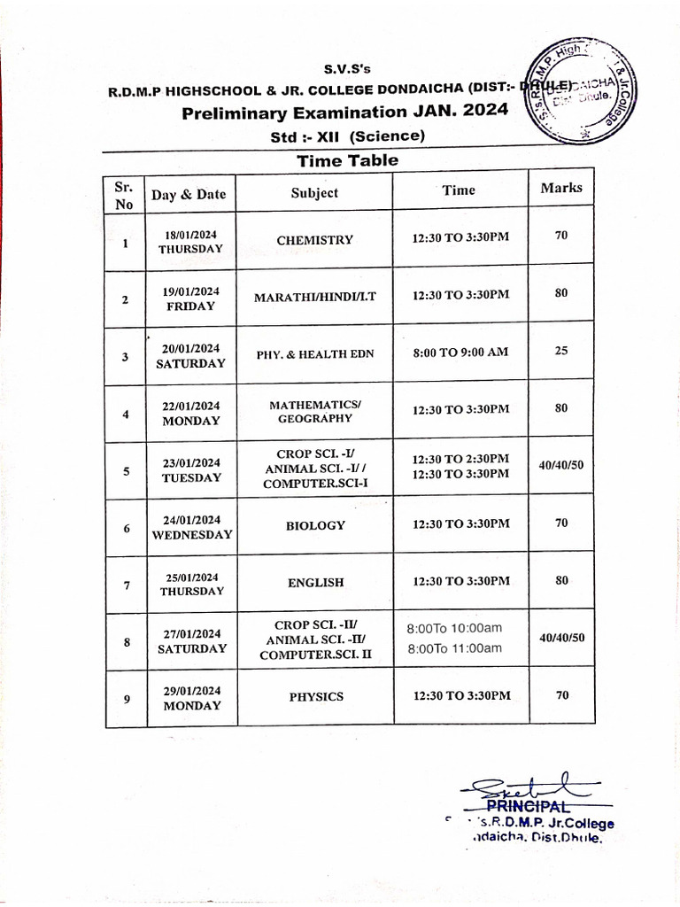 12th Preliminary Exam Jan.2024 Time Table | PDF