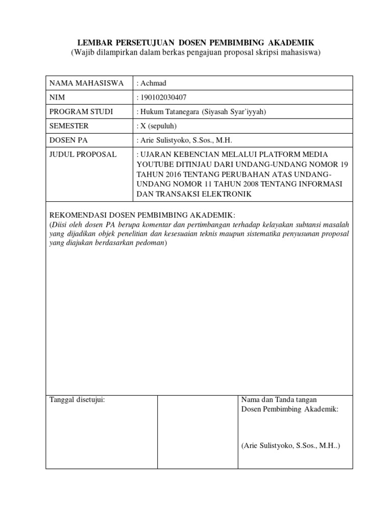 4_lembar Persetujuan Proposal Dosen. PA | PDF