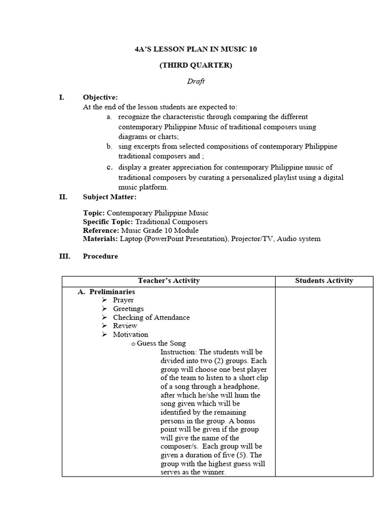 4a, S Lesson Plan in Music | PDF | Composers | Musicology