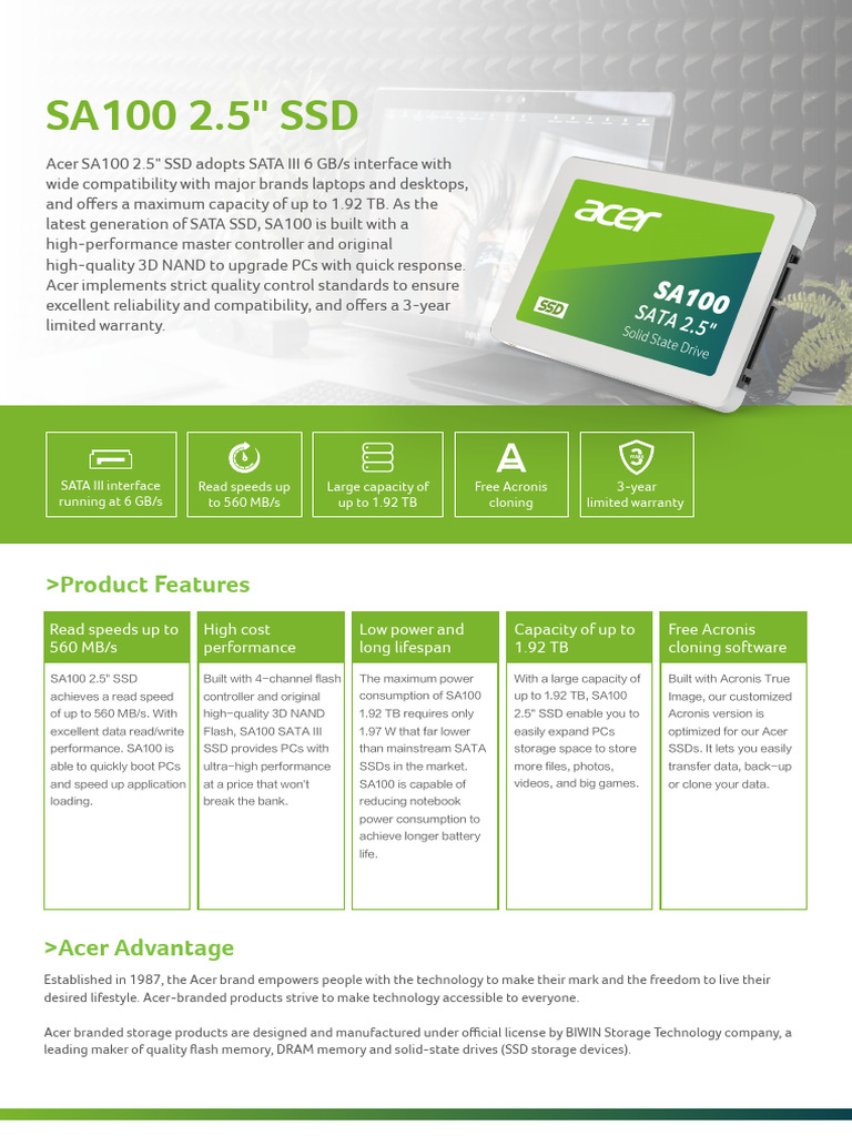 Acer SA100 Specifications | PDF | Solid State Drive | Flash Memory