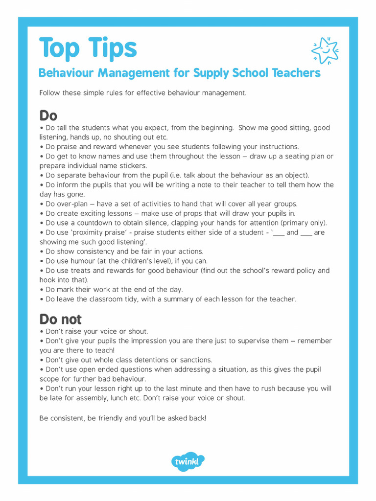 Behaviour Management Tips For Supply Teachers | PDF