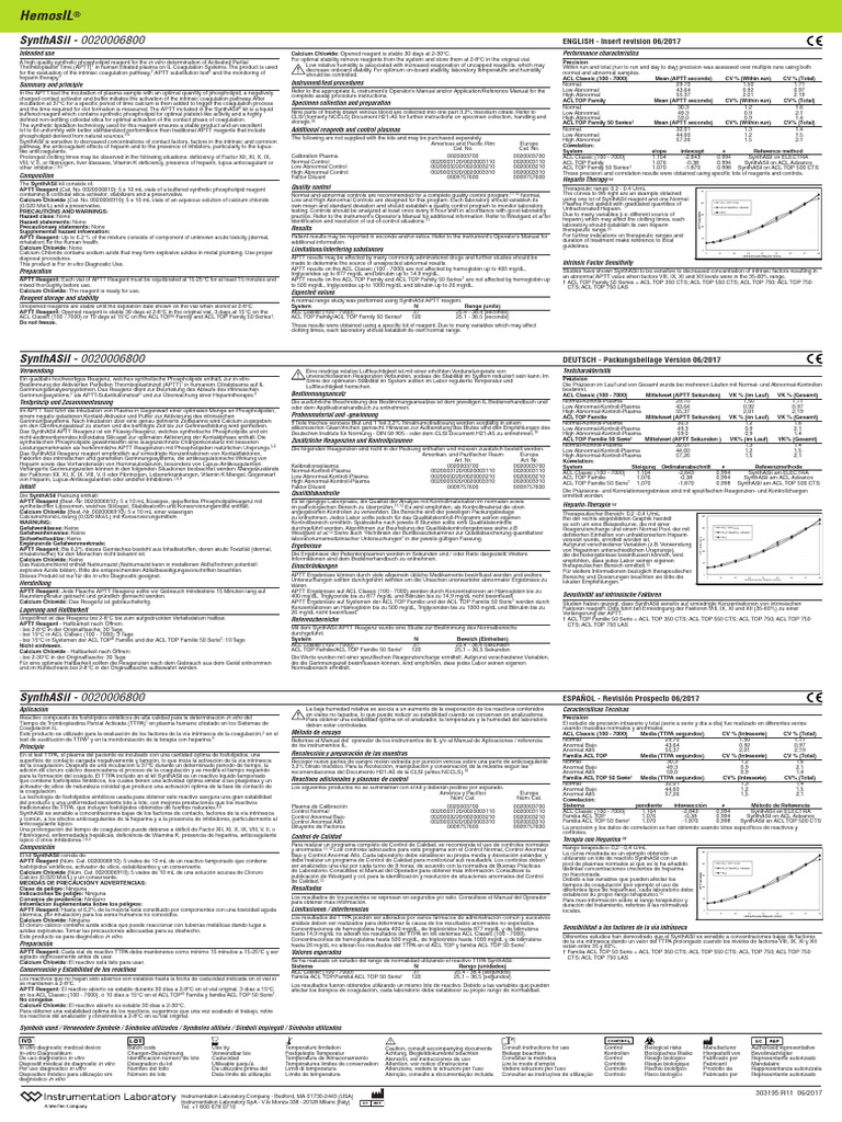 HemosIL SynthASil - En, FR, ES, De, IT, PT Insert Sheet v2017-06 | PDF | Coagulation | Tissue ...
