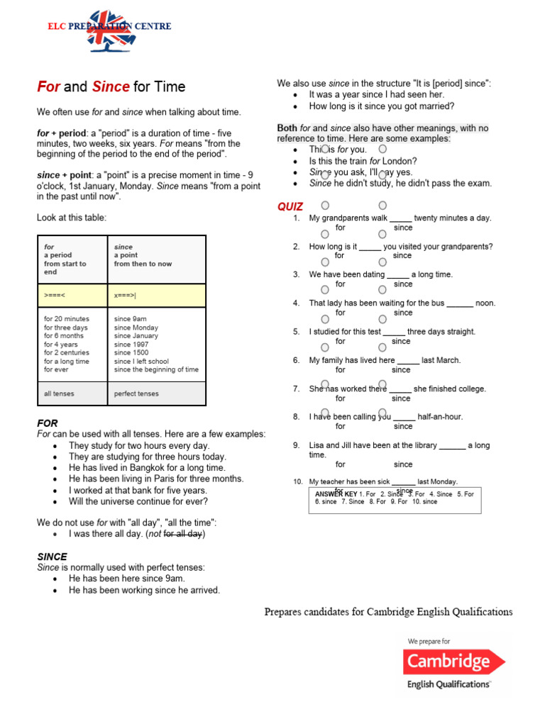 For and Since For Time & QUIZ | PDF | Qualifications