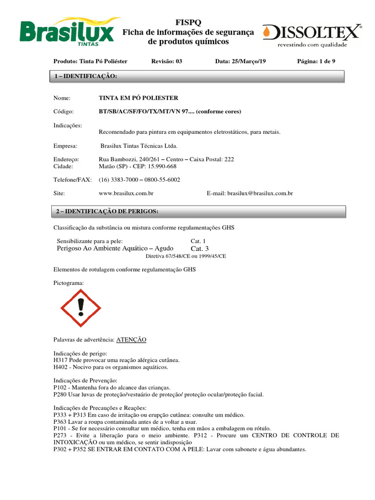 FISPQ Brasicoat Tinta Po Poliester SDS Brasil | PDF | Tinta