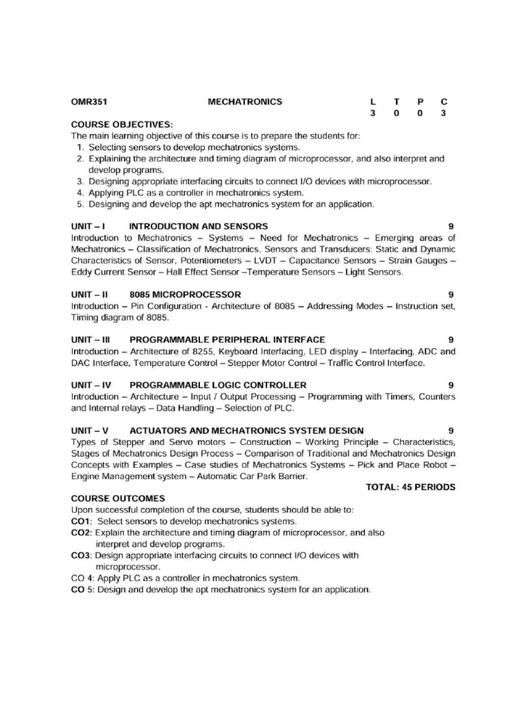 Mechatronics - Syllabus | PDF