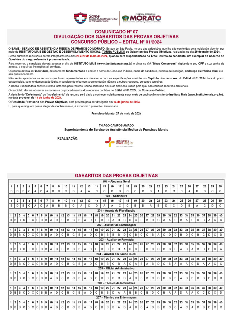 SAME CP01 2024 Comunicado 07 Gabarito Provisório | PDF | Sistema de saúde