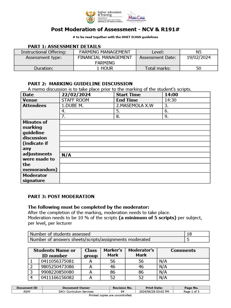 AS4Y Post Moderation of Assessment (VN) T - 04 | PDF
