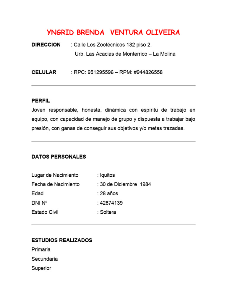 Curriculum Vitae Simple de Brenda Ventura | PDF | Crecimiento personal ...