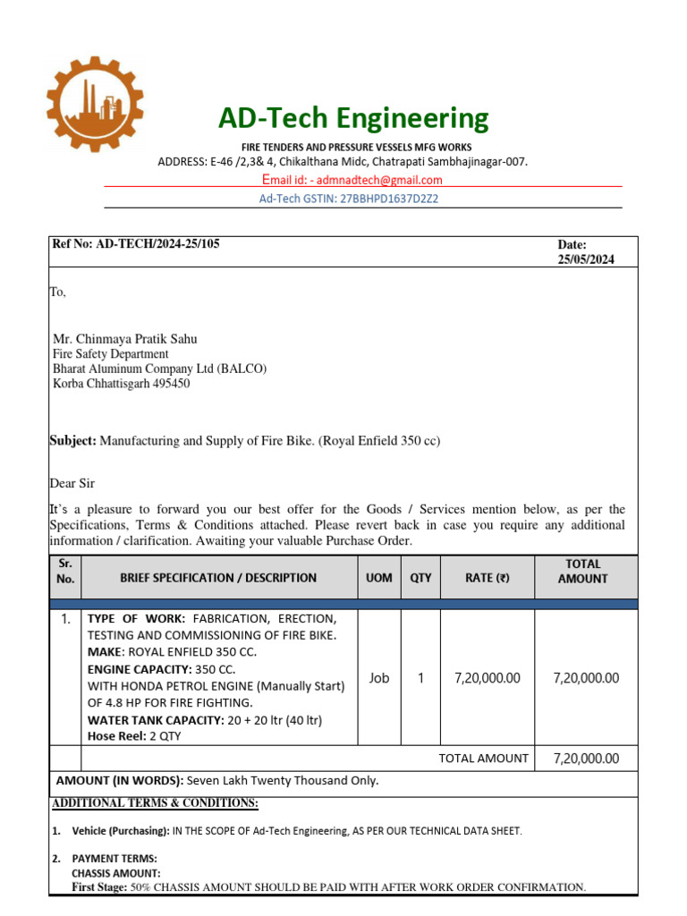 Fire Bike Tender Techno-Commerical BALCO | PDF | Motorcycle | Vehicles