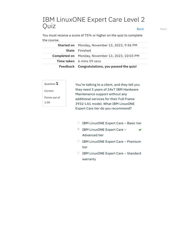 IBM LinuxONE Expert Care Level 2 Quiz Attempt Review PDF | PDF | Information Technology | Computing