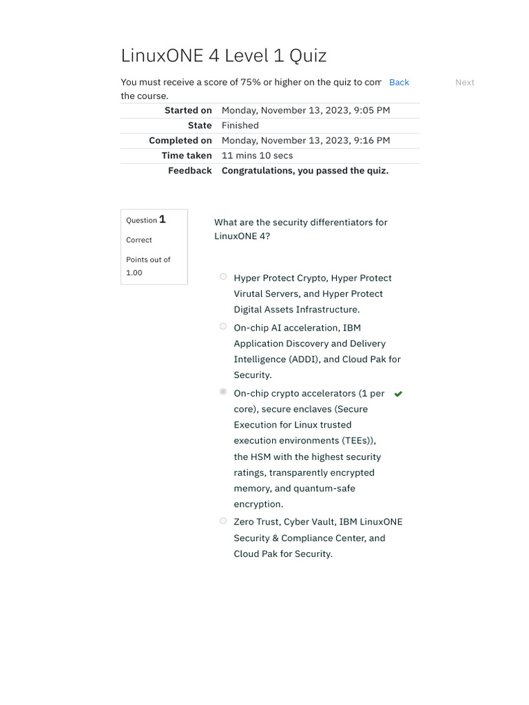 LinuxONE 4 Level 1 Quiz Attempt Review2 PDF | PDF | Cloud Computing | Graphics Processing Unit