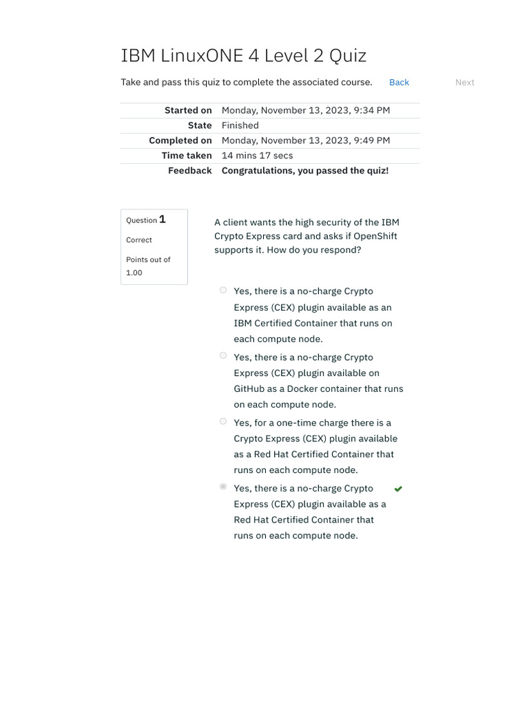 IBM LinuxONE 4 Level 2 Quiz Attempt Review PDF | PDF | Ibm Db2 | Cloud Computing