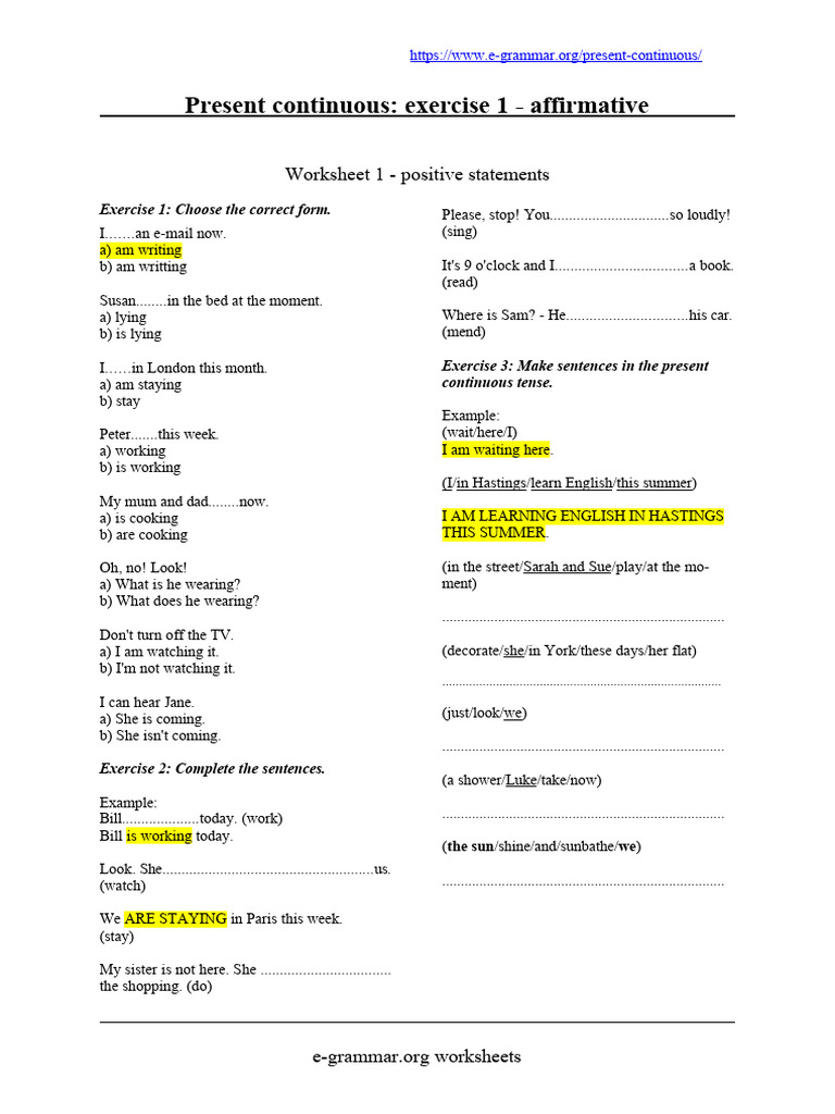 Present Continuous Exercises | PDF