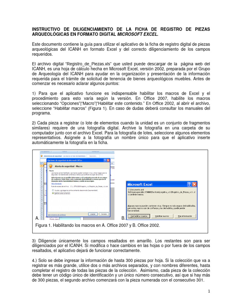 Instructivo Registro de Piezas Arqueologicas | Descargar gratis PDF | Microsoft Excel ...