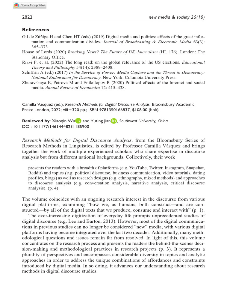 Wu Jian 2023 Book Reviews Research Methods For Digital Discourse Analysis | PDF | Analysis ...