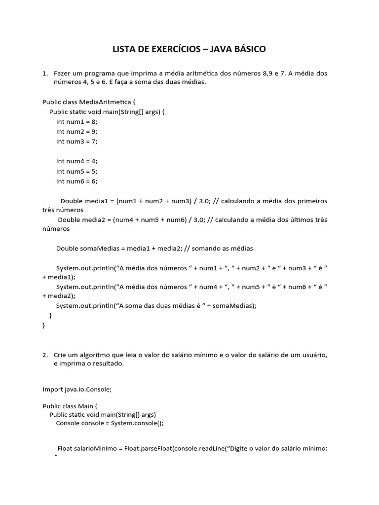 Lista de Exercicios JAVA Basico - 01 | PDF | Fahrenheit | Java ...