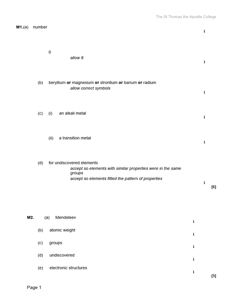 c2 Periodic Table Markscheme | PDF | Chlorine | Chemical Elements