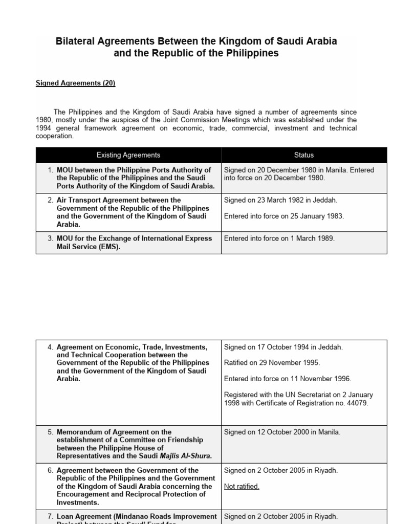 Saudi Arabia-Philippines Bilateral Agreements | PDF | Saudi Arabia | Riyadh