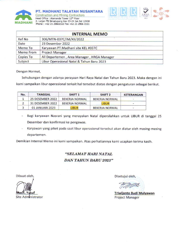 Internal Memo Libur Tahun Baru 2023 | PDF