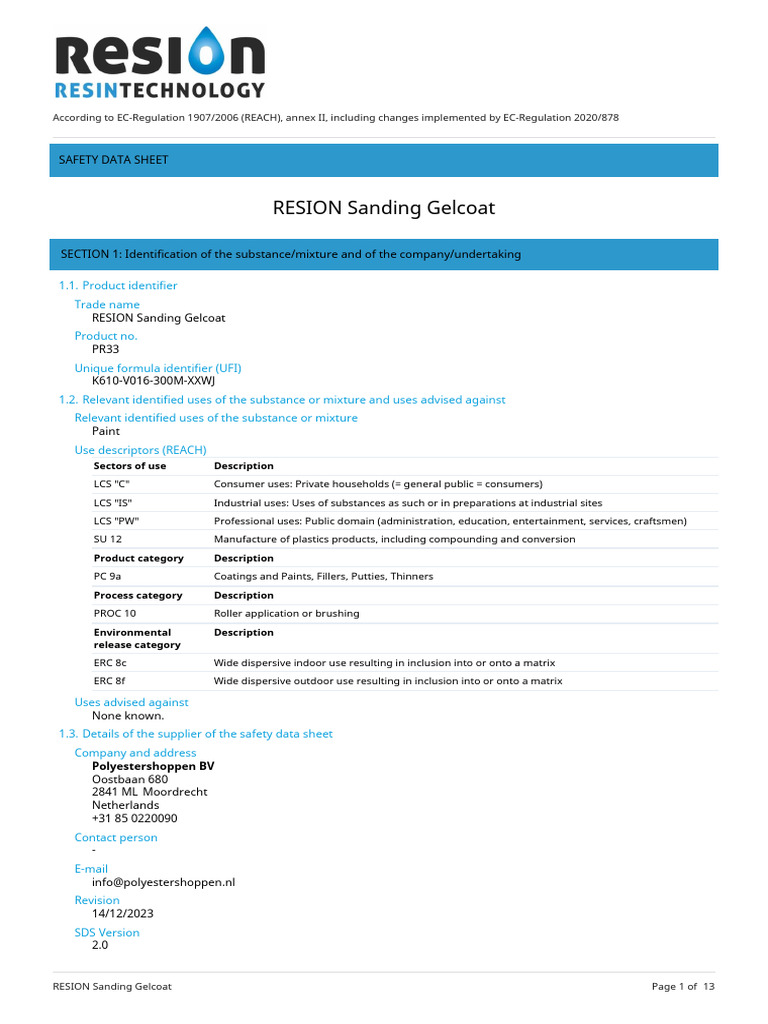 Msds pr33 Resion Sanding Gelcoat en 577 | PDF | Dangerous Goods ...