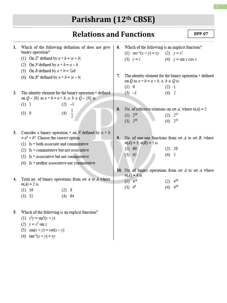 Relations And Functions Dpp 07 Of Lecture 09 Pdf Mathematical Objects Mathematical