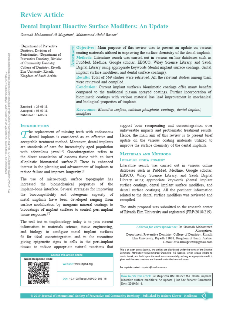 Dental Implant Bioactive Surface Modifiers An.1 | PDF | Dental Implant ...