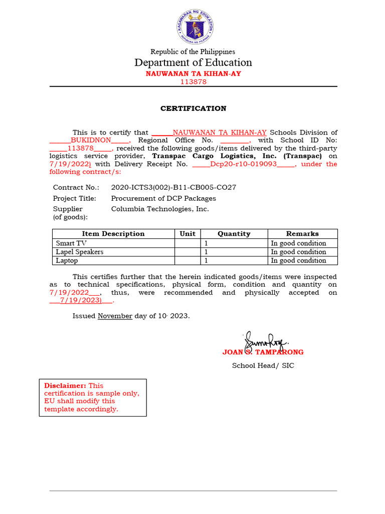 Certification of Goods Receipt - Philippines | PDF
