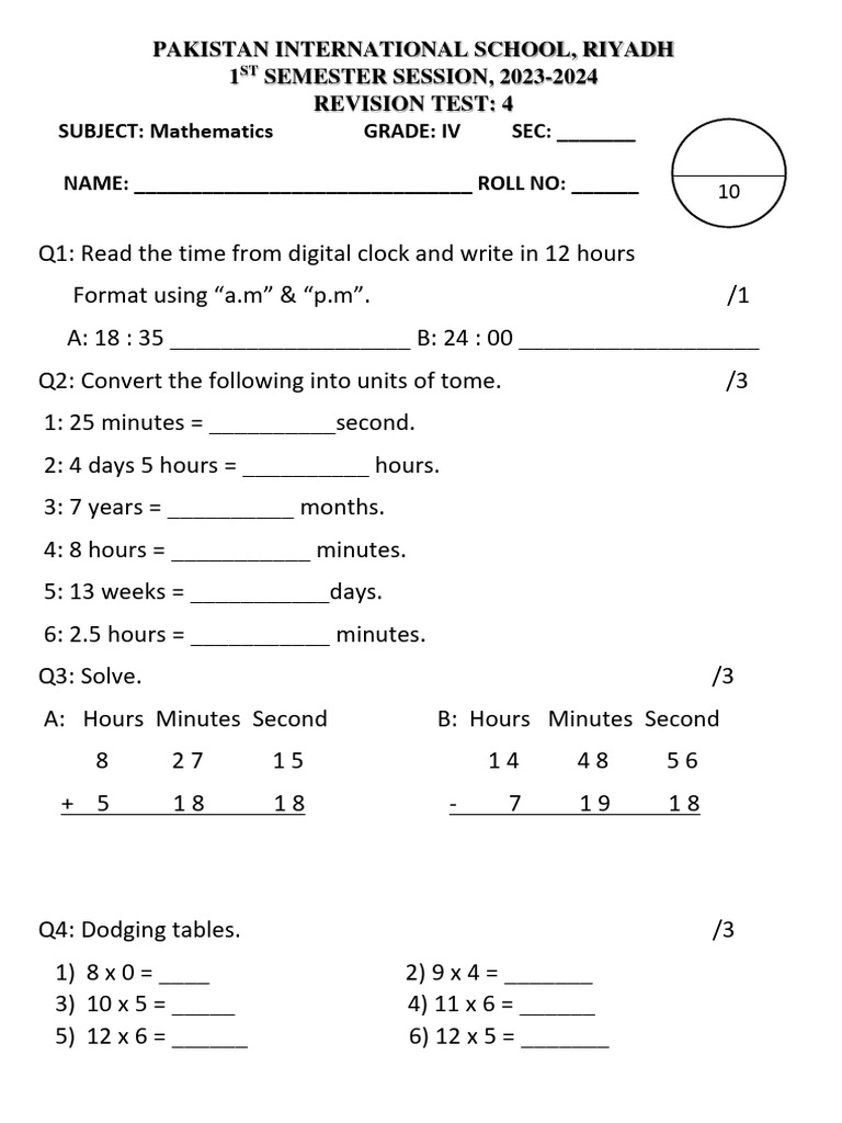 Maths Grade 4 Revision Test - 4 | PDF