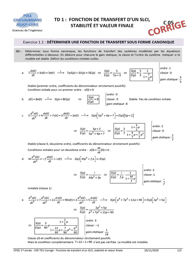 Fonction de transfert SLCI : TD1 Corrigé | PDF | Mathématiques ...