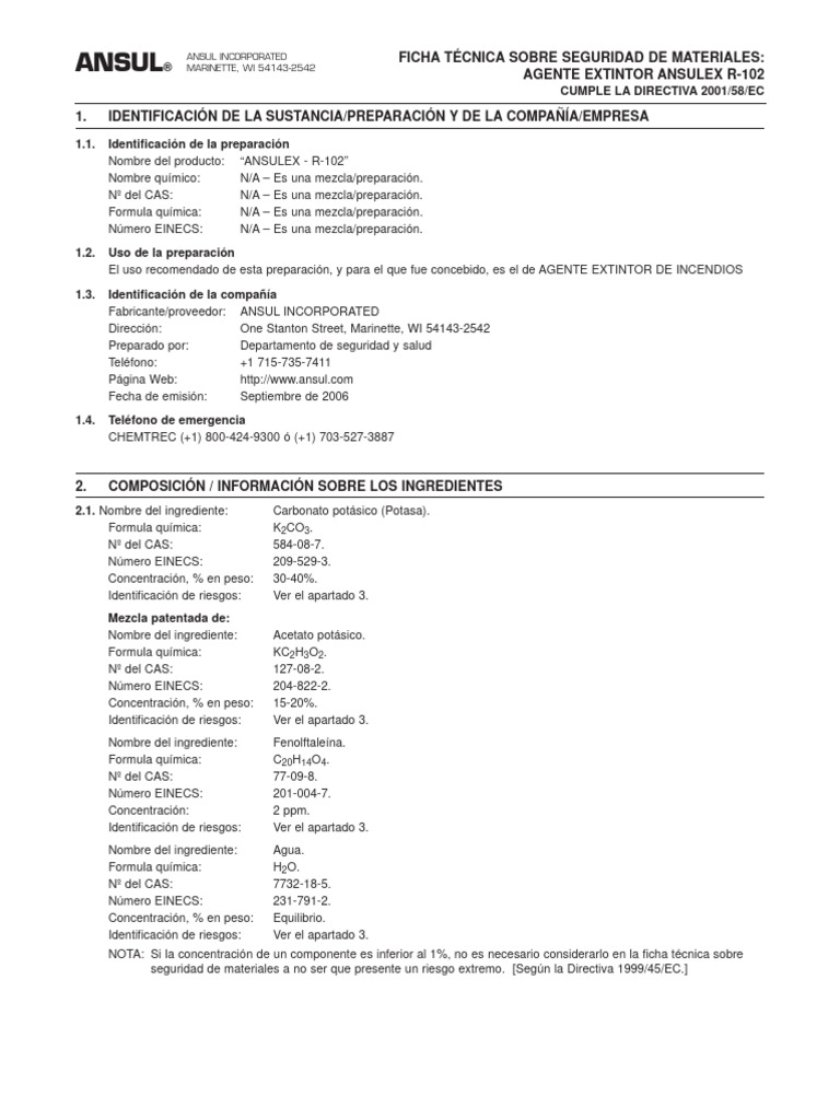 Ansul Ansulex R-102. Ficha Técnica Sobre Seguridad de Materiales | PDF ...