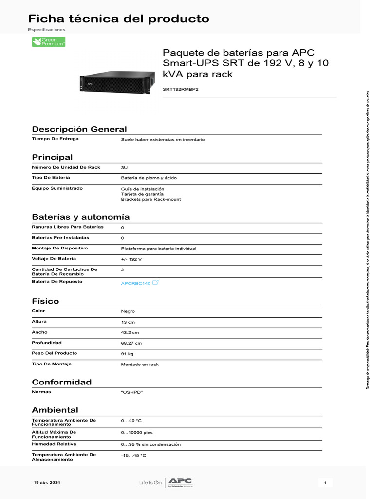 APC Sistemas de Baterías de SmartUPS SRT192RMBP2 | PDF | Tecnología