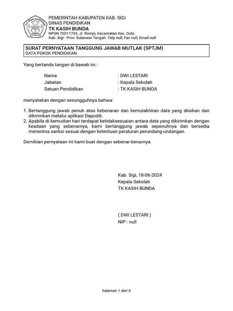 SPTJ TK Kasih Bunda | PDF