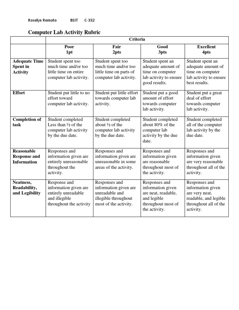 Computer Lab Activity Evaluation Rubric | PDF