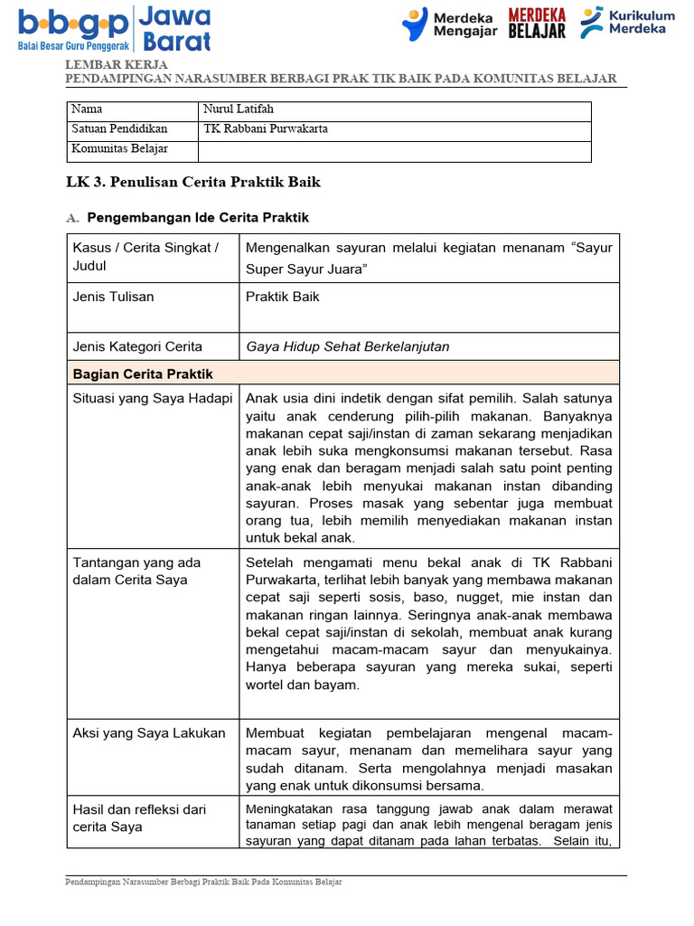 LK 3 Penulisan Cerita Praktik Baik Nurul | PDF