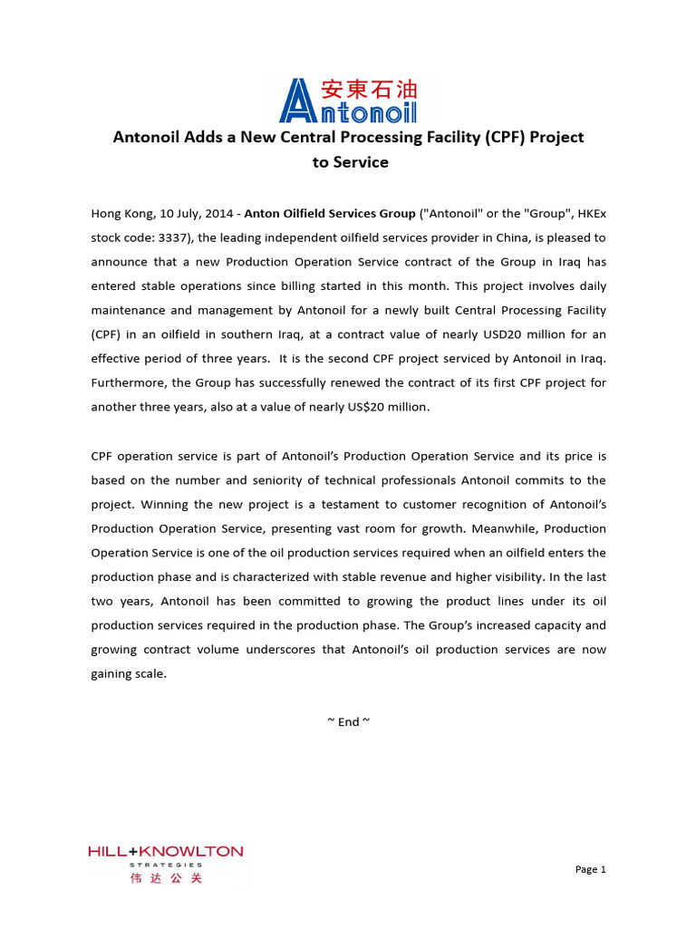 Antonoil Adds A New Central Processing Facility (CPF) Project To Service | PDF | Petroleum ...