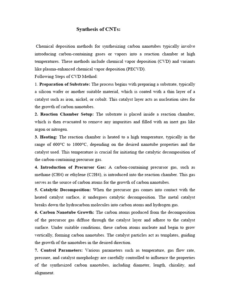 Synthesis of CNTs | PDF | Chemical Vapor Deposition | Carbon Nanotube