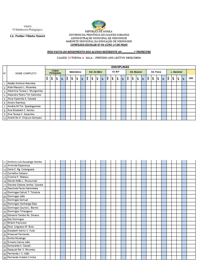 Mini Pauta Do Ensino Primário 2023 - 2024 Da 2 Classe T - A Gildo ...