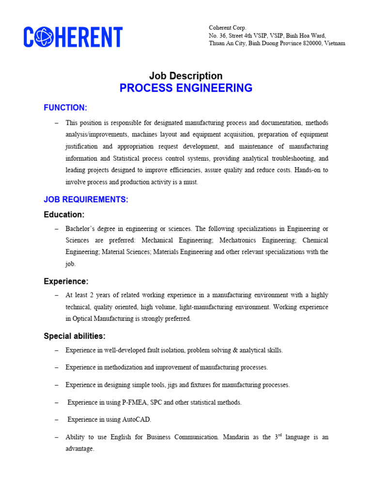 Coherent Corp Job Description Process Engineering | PDF | Engineering | Supply Chain
