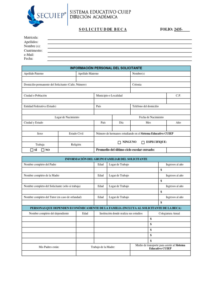Solicitud de Beca CUIEP: Formulario Completo | PDF
