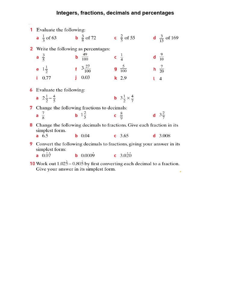 Integers, Fractions, Decimals, Percentages, Interest and Profit | PDF ...