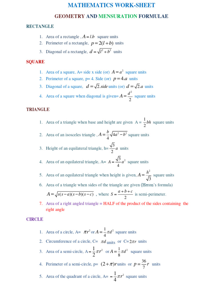 Geometry & Mensuration Formulas | PDF | Area | Rectangle
