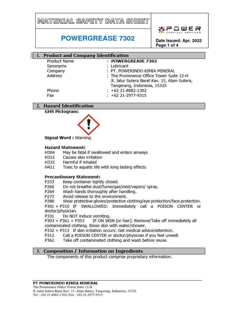 MSDS POWERGREASE 7302 | Download Free PDF | Firefighting | Dangerous Goods