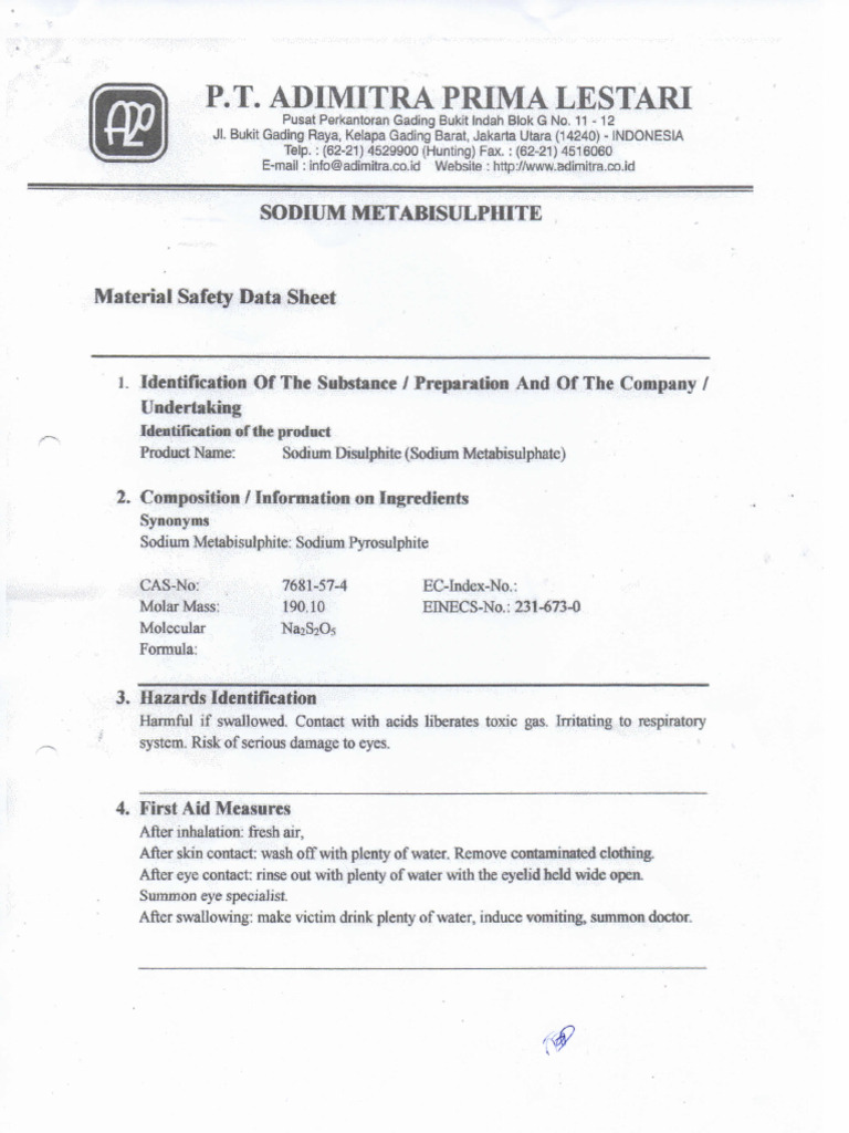 Msds Sodium Metabisulphite | PDF