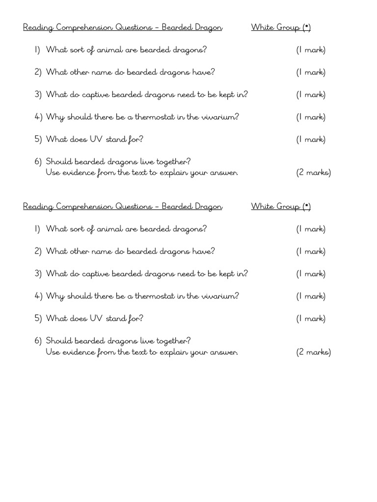 Bearded Dragon Reading Comprehension Questions | PDF | Vivarium | Zoology