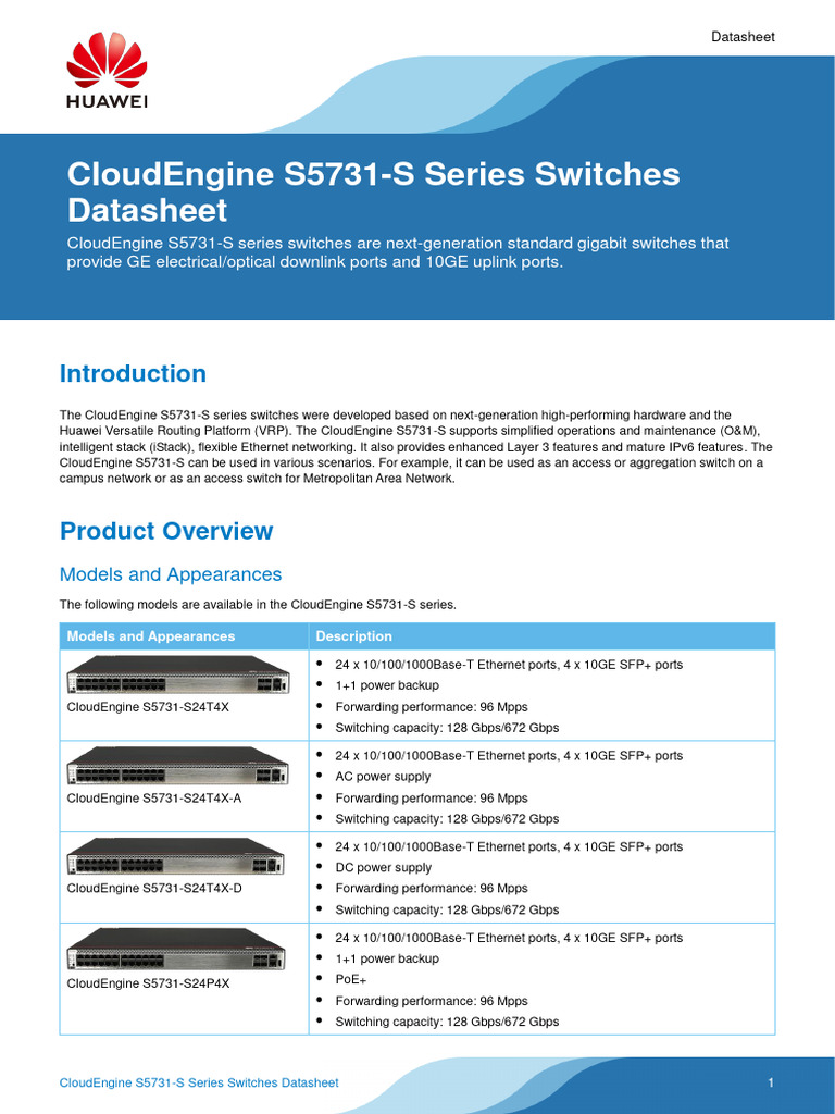 Huawei CloudEngine S5731-S Series Switches Datasheet | PDF | Network Switch | Computer Network