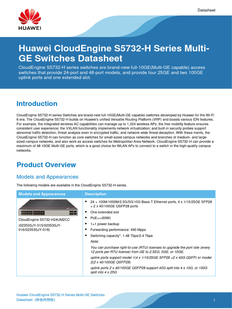 Huawei CloudEngine S5732-H Series Multi-GE Switches Datasheet | PDF ...